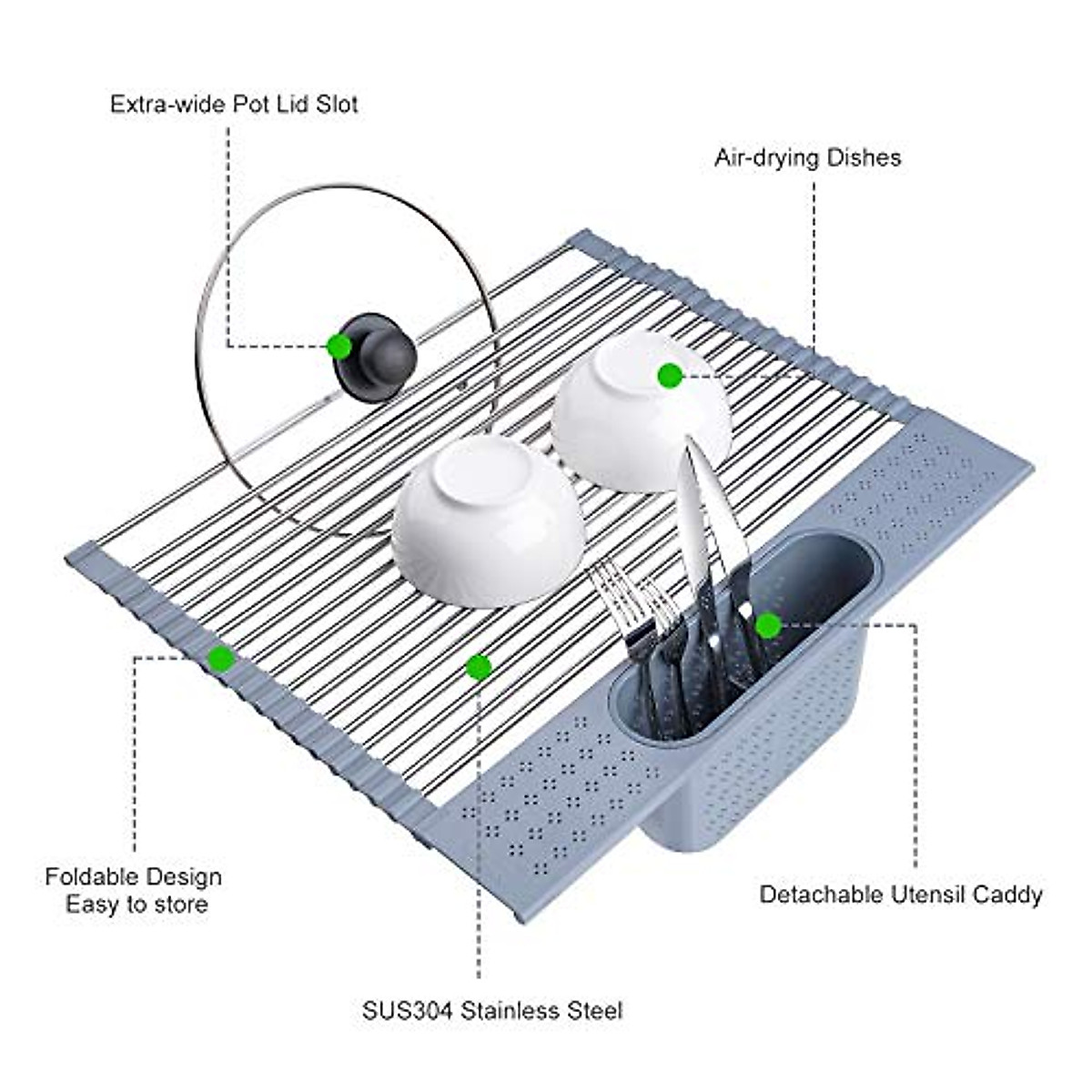 NiHome Roll Up Dish Drying Rack with Utensil Holder Over The Sink Dish Drying Rack Detachable Stainless Steel Dish Drainer,17.7" x14.7" Wide