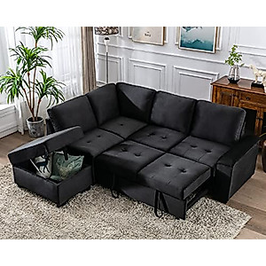 UBGO Sectional Modern L Shape Corner Convertible Sleeper Combination Sofa Bed Ottoman and Storage Hidden Arms Pull Out Sheet for Living Room Apartment, Black G