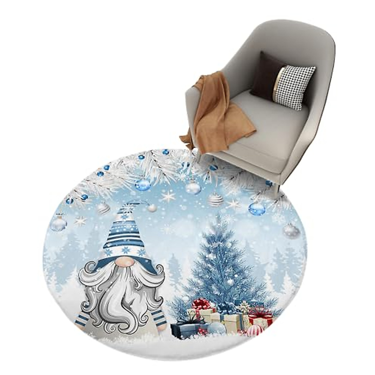 Christmas Fluffy Round Area Rug Carpets 5ft, Plush Shaggy Carpet Soft Circular Rugs, Non-Slip Fuzzy Accent Floor Mat for Living Room Bedroom Nursery Home Decor Winter Gnomes Xmas Silver Tree Pine Blue