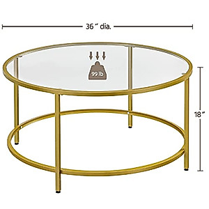 Yaheetech 36in Round Glass-Top Coffee Table,Mustard Gold Modern Accent Side Round Coffee Table w/Protective Foot Pads, Metal Structure Glass Coffee Table for Living Room,Dining, Apartment,Small Space
