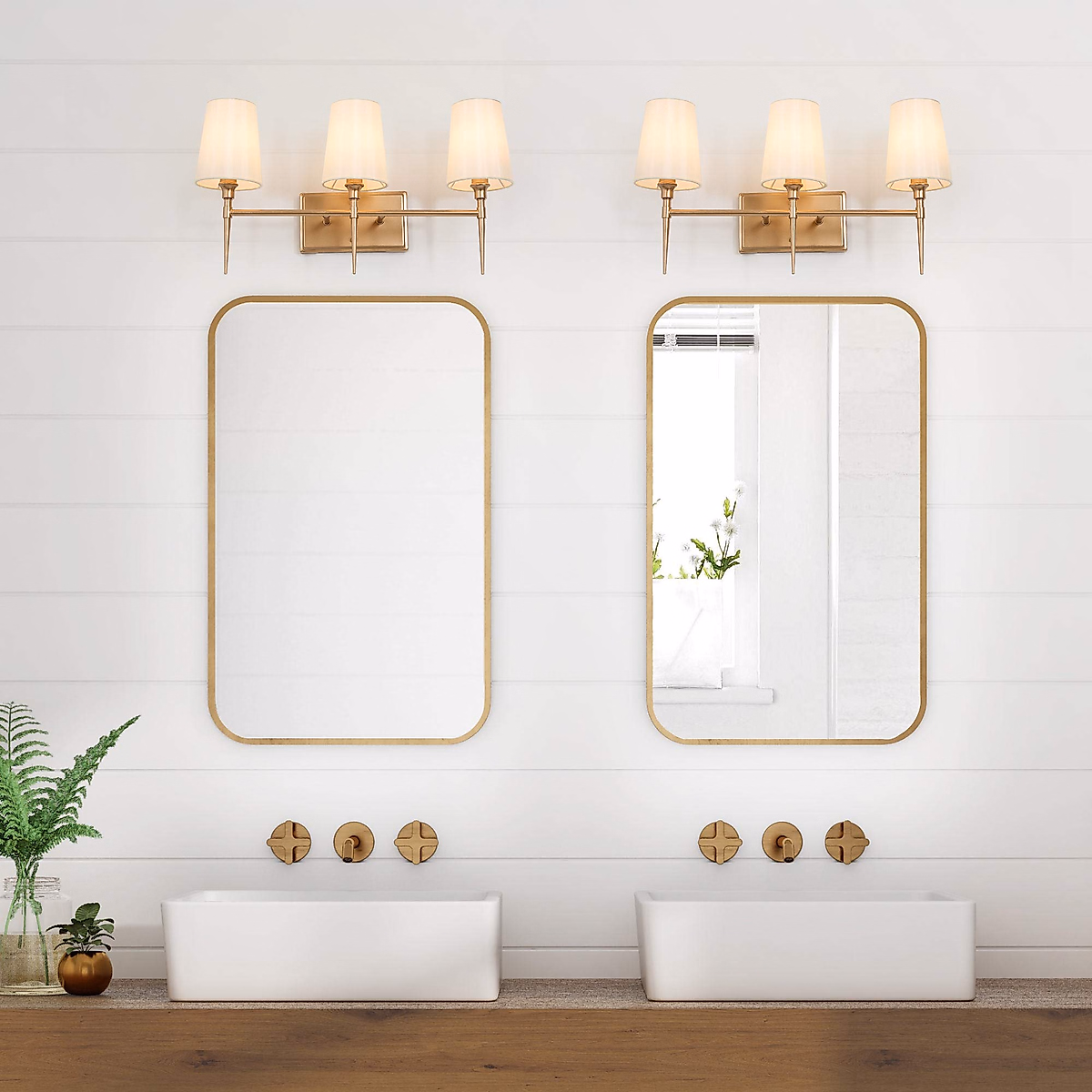 classy leaves Bathroom Light Fixtures, 3-Light Gold Vanity Lights, Modern Bathroom Vanity Light Fixtures with White Fabric Shade, 23’’ L x 6.5’’ W x 12’’ H