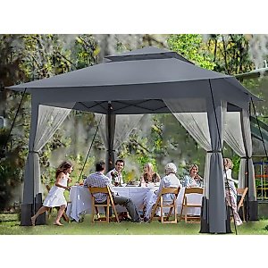 Winkalon 13'x 13' Pop Up Gazebo with Mosquito Netting, Outdoor Gazebo Waterproof Canopy Tent with Double Roof Tops and 169 Square Feet of Shade for Patio, Group Gatherings, Camping Shelter (Grey)