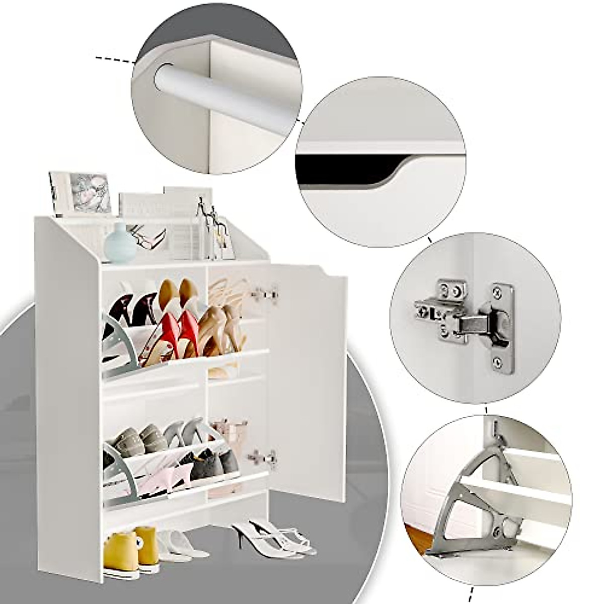 MYOYAY Shoe Storage Cabinets with Top Place Space and 2 Flip Drawers, White Modern Shoe Rack Parent-Child Upholstered Tipping Bucket Shoes Cabinet for Entryway Hallway Bedroom Corridor