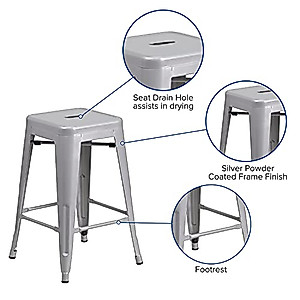 EMMA + OLIVER Commercial Grade 24" H Backless Silver Metal Indoor-Outdoor Counter Height Stool
