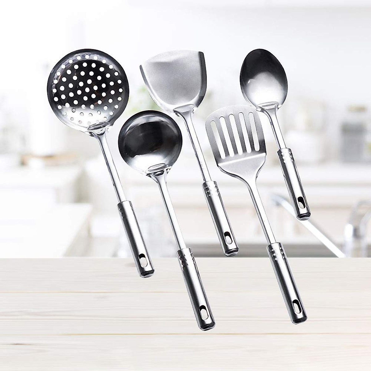 5 Pcs Stainless Steel Cookware Cooking Tools Chef Utensils Stainless Cookware Stainless Steel Scoop Stainless Steel Kitchen Utensils Kitchen Spatula Metal Seven Piece Set
