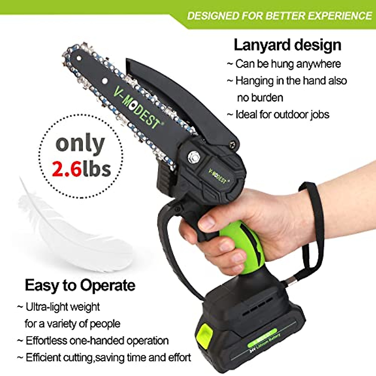 6 inch Mini Chainsaw Cordless, V-MODEST Upgraded Portable Handheld Electric Chain Saw Powered by 2 * 24V Rechargeable Battery, Small Chainsaw with Security Lock for Tree Branches Wood Cutting