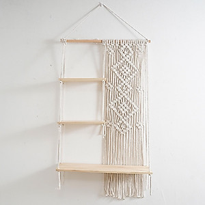 MIATTCLD Macrame Wall Hanging Shelf Boho Wood Floating Storage Shelf, 3 Tier Display Shelving for Hanging Plants Photos, Rustic Wall Decor with Tassel and Woven Rope for Home Bedroom Living Room