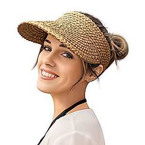 Visors for Women, Straw Sun Visors for Women Beach Hats for Women Packable Sun Hat Womens Visor Handmade Straw Hats for Women Khaki