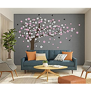 Large Cherry Blossom Tree Blowing in The Wind Tree Wall Decals Wall Sticker Vinyl Wall Art Kids Rooms Teen Girls Boys Wallpaper Wall Stickers Room Decor (Dark Brown Tree,White and Pink Flower)