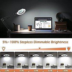 5X Magnifying Glass with Light and Stand, Krstlv LED 5 Color Modes, Stepless Dimmable Magnifying Floor Lamp, 3-in-1 Adjustable Swing Arm Lighted Magnifier Lamp with Clamp for Reading, Craft, Esthetic