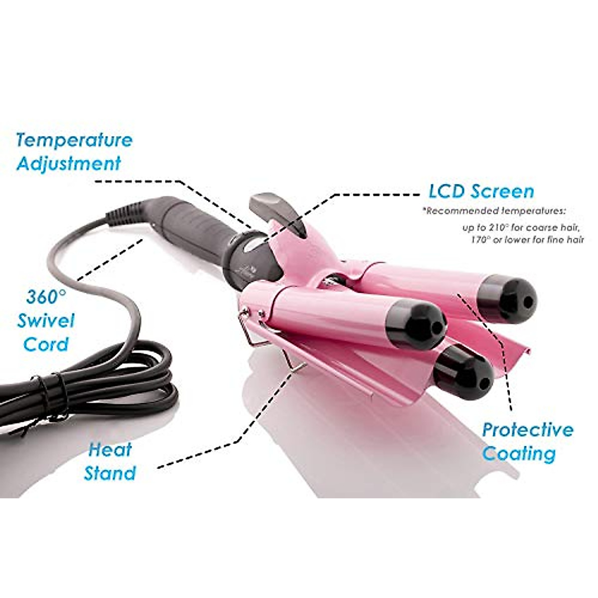 Alure Three Barrel Curling Iron Wand with LCD Temperature Display - 1 Inch Ceramic Tourmaline Triple Barrels, Dual Voltage Crimp (Pink)