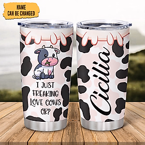 Hyturtle Personalized Gifts For Cow Lover - Birthday Christmas - I Just Freaking Loves Cows Ok Custom Name Stainless Steel Tumbler 20oz With Lid - Cow Heifer Lover Gifts For Her Women Girl Daughter