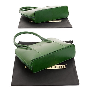 PRIMO SACCHI Italian Smooth Leather Green Classic Long Handled Handbag Tote Grab Bag Shoulder Bag