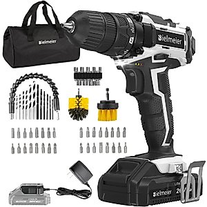 Bielmeier 20V MAX Cordless Drill Set – 285 In-lb Torque,2 Variable Speed,64+1 Position,3/8" Keyless Chuck,Drill Machine Includes 2 Brushes,Flex Shaft,Cloth Bag & 58 Drill Bits（Black）
