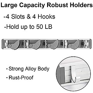 Mop Broom Holder Wall Mount, Metal Broom Organizer Storage Rooms Garage Garden Kitchen Tool Clean Tools Organizer Non-slip Wall Hanger(4 Adjustable Slots & 4 Hooks, Gray)