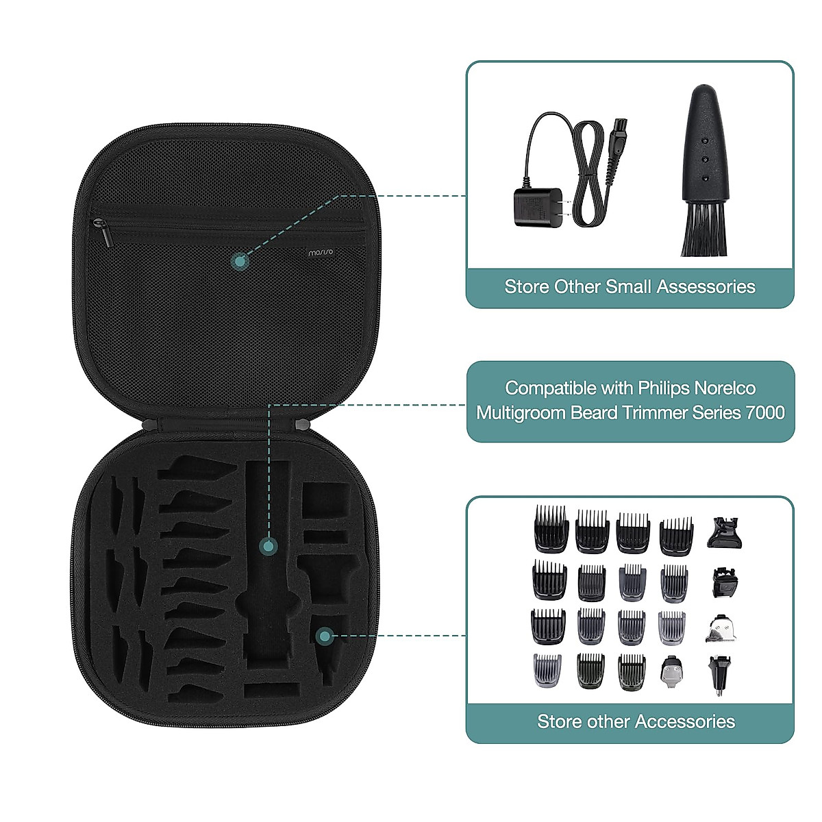 MOSISO Hard Travel Carrying Case Compatible with Philips Norelco Multigroom Beard Trimmer Series 7000, MG7750/49, Waterproof Shockproof EVA Organizer Storage Bag with Handle & Cleaning Brushes, Black