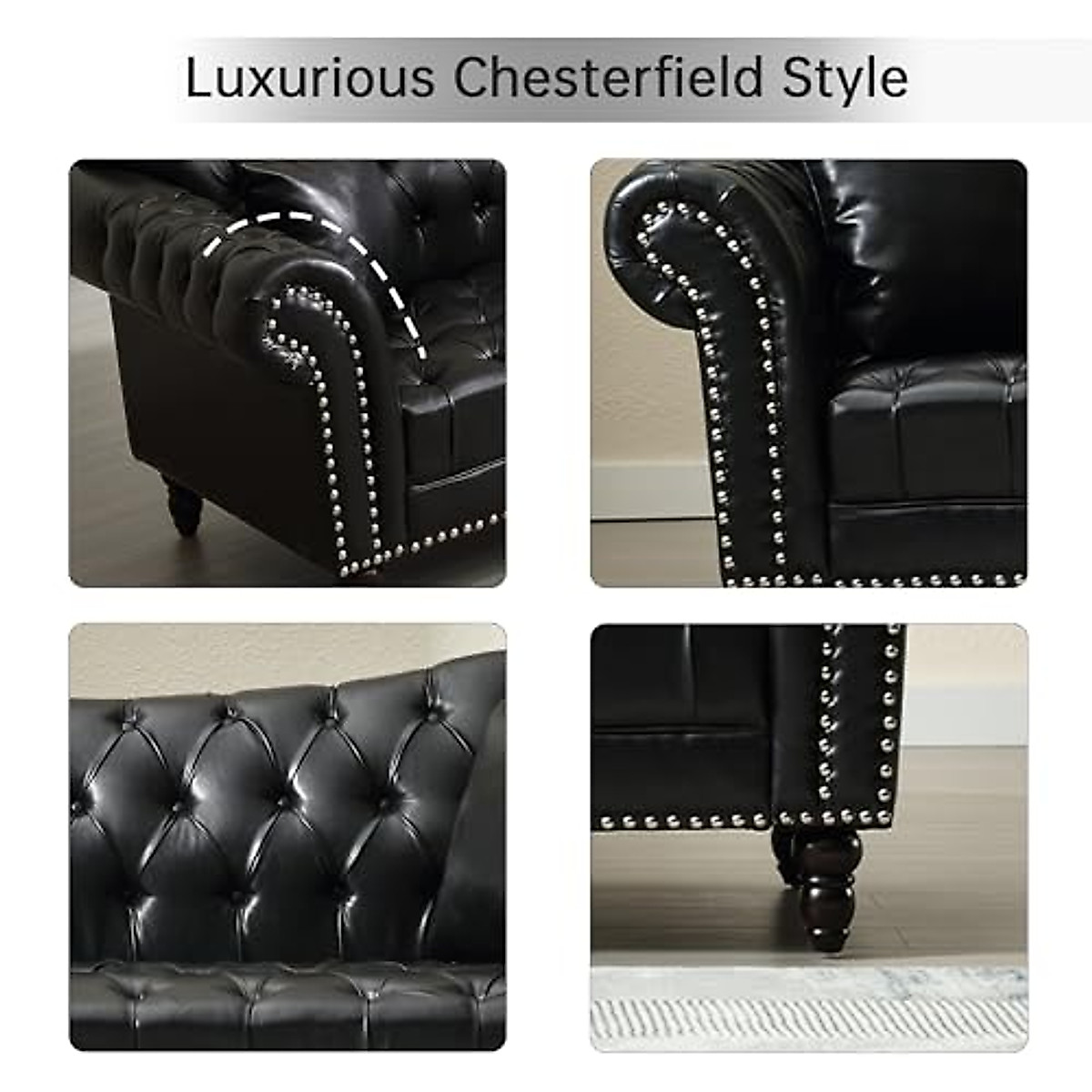 Morden Fort Chesterfield Sofa Faux Leather Loveseat, Luxurious 69" W Tufted Upholstered Loveseat Faux Leather Couch Furniture with Pillows, Wooden Leg for Living Room, Bedroom (Black)