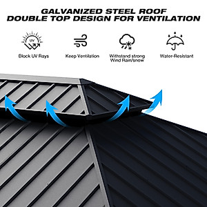 Joyside 12'x16' Hardtop Gazebo, Double Roof Galvanized Steel Canopy with Thermal Transfer Aluminum Frame Permanent Metal Pavilion with Netting and Curtains for Garden (Dark Brown Wood Grain)