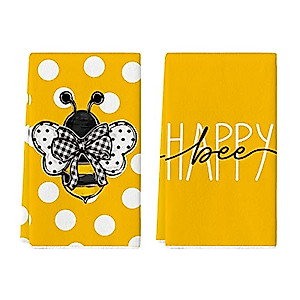 Artoid Mode Bee Happy Summer Kitchen Towels Dish Towels, 18x26 Inch Polka Dot Holiday Decoration Hand Towels Set of 2