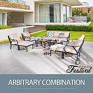 Festival Depot 12 Pieces Patio Conversation Set Sectional Sofa Armchair Ottoman with Thick Cushions and Side Coffee Table All Weather Metal Outdoor Furniture for Deck Garden, Beige