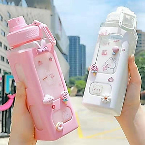 excvalues Kawaii Water Bottle with Straw Cute Large Water Bottles with Kawaii Stickers Aesthetic Leakproof Square Drinking Bottle (white 1)