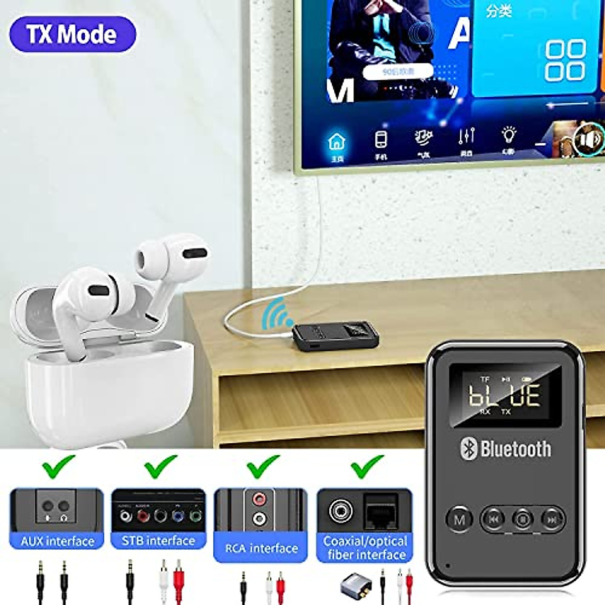 Bluetooth Transmitter Receiver with LCD Screen, Audio V5.0 Bluetooth Adapter for TV to Headphones, 4-in-1 Wireless AUX Adapter for TV/Car/PC/Home Theater/Speakers/MP3 Player