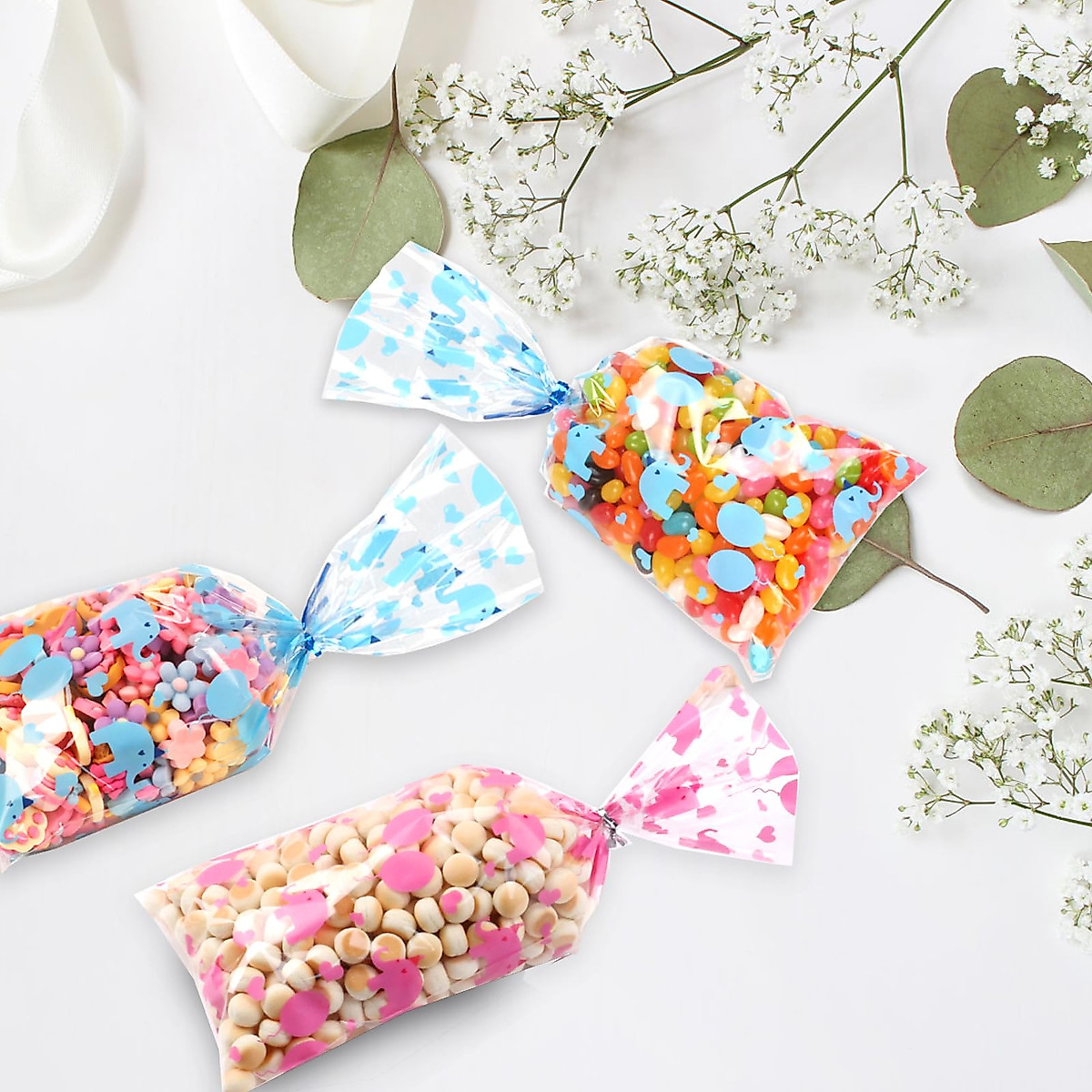 COQOFA 100 Pcs 5"X11" Gift Wrap Cello Cellophane Treat Bags Party Favor bags Clear Candy Cookie Bags Plastic Poly Goodie Storage Bags with Twist Ties for Baby Shower, Birthday, Wedding ,Party