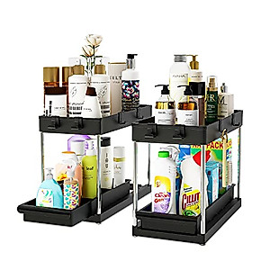 2Pcs Under Sink Organizers and Storage- Multi-Purpose, Pull-Out Kitchen Sink Cabinet Organizer with Hooks- Durable Bathroom Under Sink Organizer with Sliding Drawers- Cabinet Drawers Slide Out