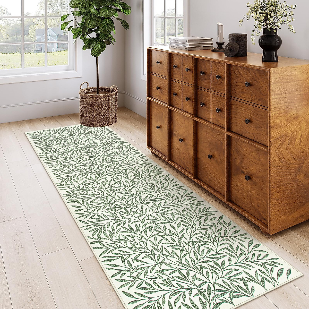 Lahome Botanical Boho Runner Rug, Soft Green Kitchen Runner Rugs Non Skid, Washable Leaf Carpet Runner for Hallway 8ft, Non Shedding Modern Rug for Entryway Porch (2'5''x8', Green)
