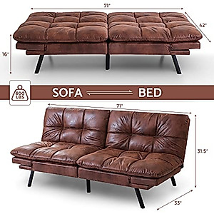 LIFERECORD Futon Sofa Bed Modern Faux Leather Convertible Sofa Memory Foam Daybed with Adjustable Armrests for Living Room Apartment Dorm, Brown