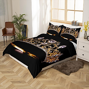 Erosebridal Gold Crown Bedding Set Queen Size Diamonds Duvet Cover Set for Lady Boys Teens,Luxurious Comforter Cover Set Gorgeous Crown Quilt Cover Soft Cozy Luxury Bedroom Decor Black