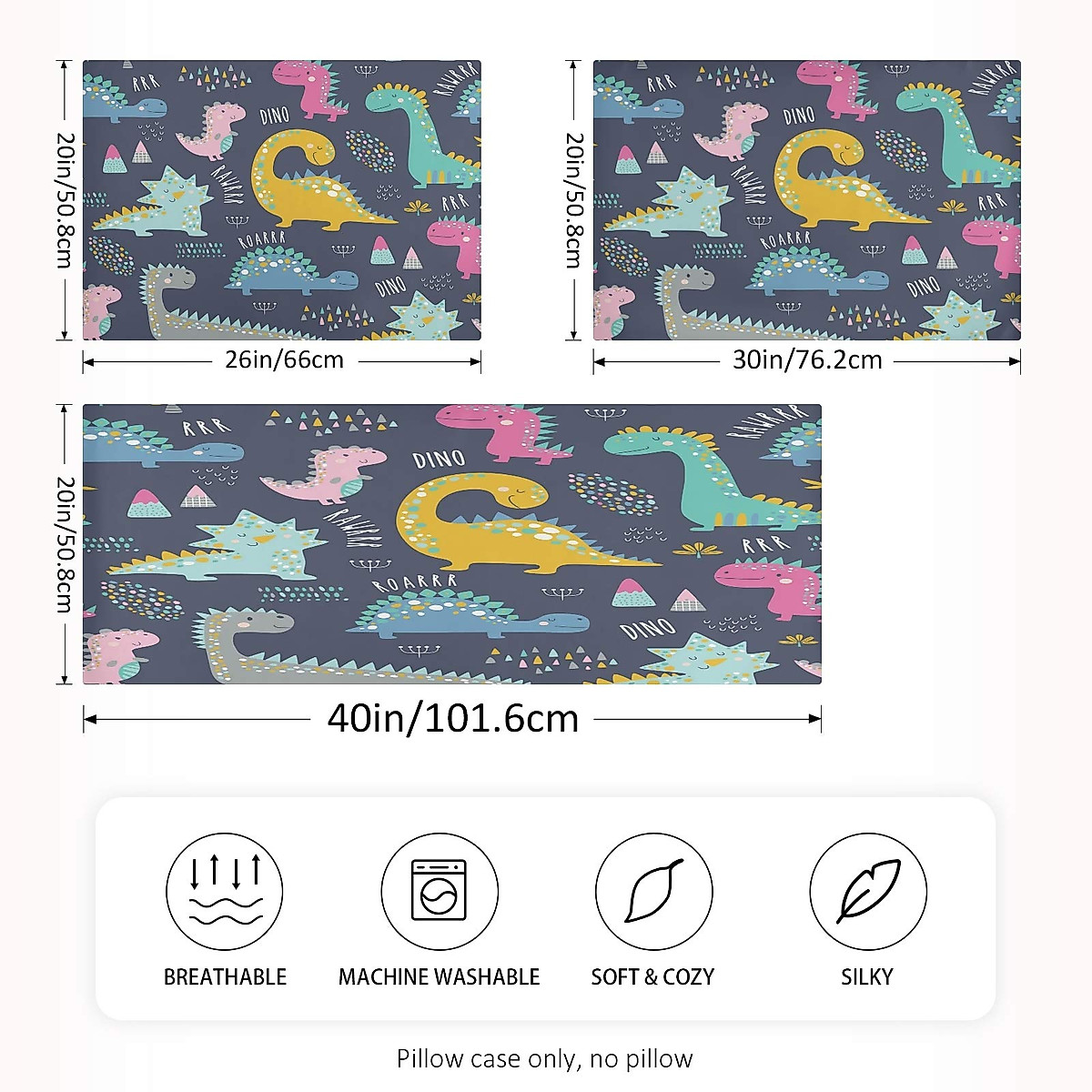 KEEPREAL Cute Funny Kids Dinosaurs Satin Pillowcase for Hair and Skin Silk Pillowcase - Slip Cooling Satin Pillow Covers with Envelope Closure, Standard Size(20x26 inches)