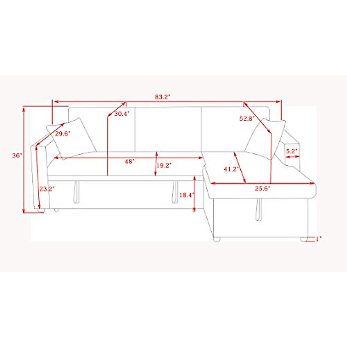 Kingway Sectional Sofa Bed with Storage Convertible Chaise Sofabed, 835336, Gray