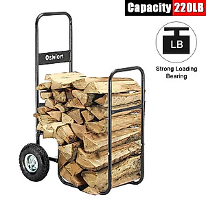 Ochine Firewood Log Cart Carrier Wood Rack, 43.3 x 28 x 17.7 in, 220lb Loading Capacity, Black Powder-Coated Steel