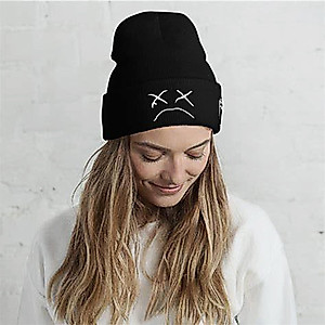 Beanie Hat for Men Women with Sad Face Cuffed Plain Skull Knit Cap intended for Lil Peep, Black