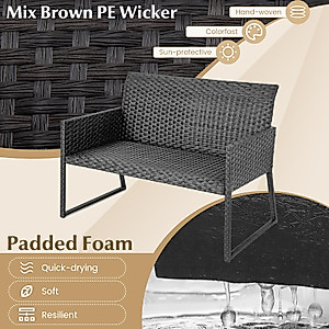 Tangkula 4 Pieces Wicker Patio Furniture Set with Quick Dry Foam, Patiojoy All Weather Resistant Outdoor Conversation Set, for Backyard, Poolside, Deck, Balcony, Garden (1, Mix Brown)