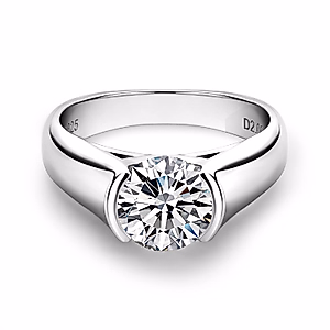 CannyCat 2 Carat Moissanite Half Bezel Set Ring for Women Platinum Plated Silver D color VVS 8mm Moissanite Diamond Solitaire Engagement Promise Band (8)