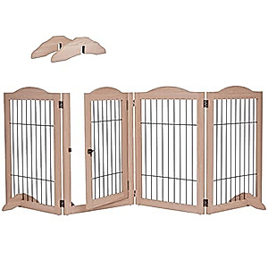 Arf Pets Freestanding Dog Gate with Door, 4 Panel 360° configurable Wooden Wire Fence, 89" Wide, 31.5" Tall, Foldable, Support Feet Included, for The House - Indoor Use