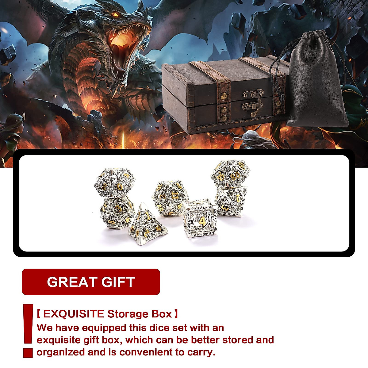 DDFE New Hollow Metal DND Dice 7Pcs Set for Dungeons and Dragons RPG MTG Table Games D&D Pathfinder Shadowrun and Math Teaching,d and d Game Dice with Gift Box,Great DND Gifts