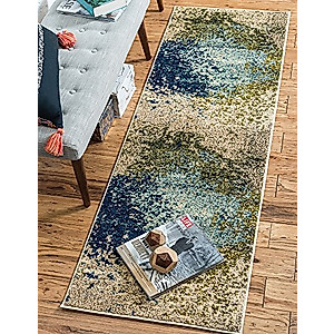Unique Loom Estrella Collection Abstract, Modern, Light Colors, Distressed Area Rug, 2 ft x 7 ft, Blue/Beige