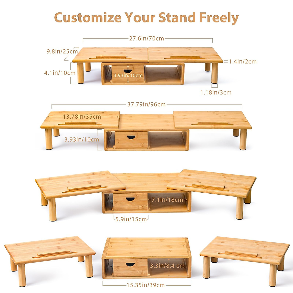 ROCDEER Dual Monitor Stand Riser with Drawer for Desk Laptop Desk Shelf with Adjustable Length and Angle, Bamboo Computer Stand Riser for 2 or 3 Monitors Screen Laptop PC TV -Natural
