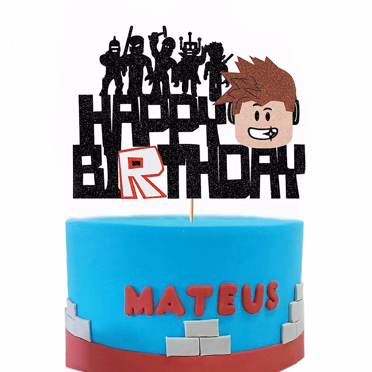 Cake Decorations for Sandbox Video Game Cake Topper Birthday Party Supplies Glitter Happy Birthday Cake Topper for Robot Blocks Theme Party Kids Boys Birthday Cake Decoration