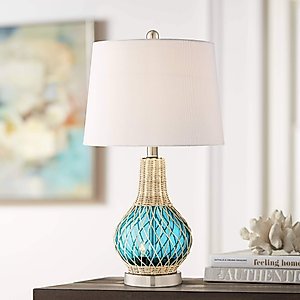 360 Lighting Alana Coastal Accent Table Lamp with Nightlight LED 22.75" High Rope Blue Glass Gourd White Fabric Drum Shade Decor for Living Room Bedroom Beach House Bedside Nightstand Home