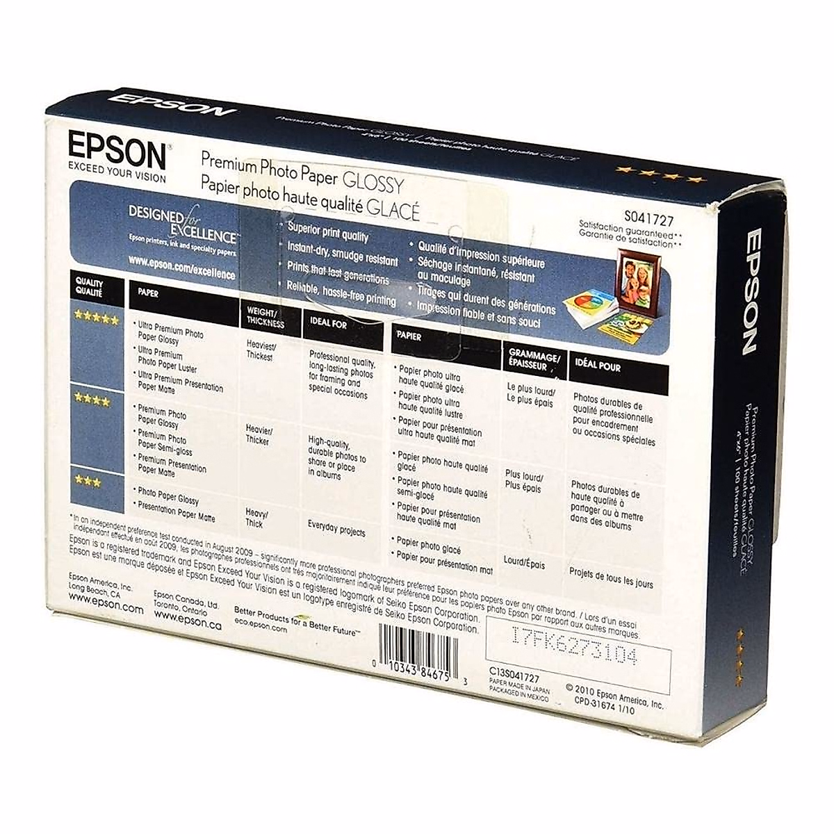 Epson S041727 Premium Photo Paper, 68 lbs., High-Gloss, 4 x 6 (Pack of 100 Sheets),White