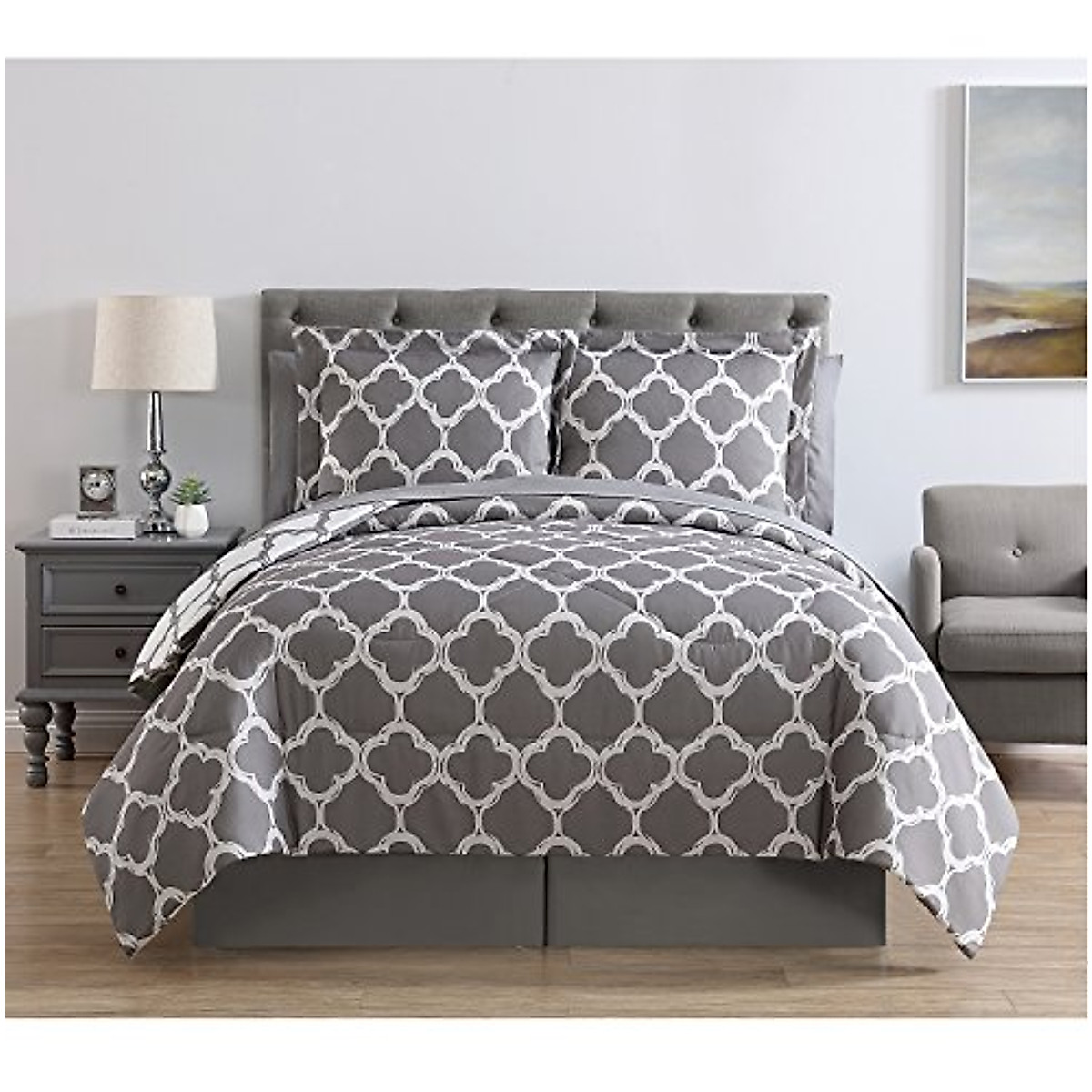 VCNY Home Galaxy Reversible 8 Piece Bed-In-A-Bag Comforter Set, Queen, Grey/White