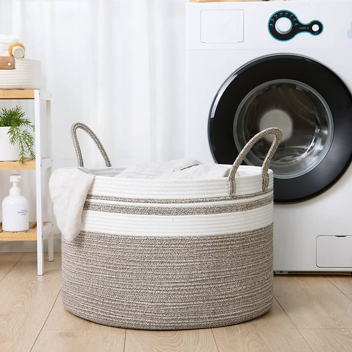 CHICVITA Large Woven Rope Laundry Basket, Baby Storage Basket for Blankets, Clothes, Toys, Towels, Pillows, Shoes, Decorative Jute Basket for Living Room, 21.7 x 13.8 inches, 83L White & Brown