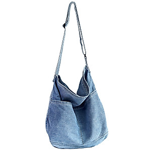 YunZh Denim Shoulder Bag for Women, Casual Style Lightweight Classic Retro Travel Shopper Hobo Bag