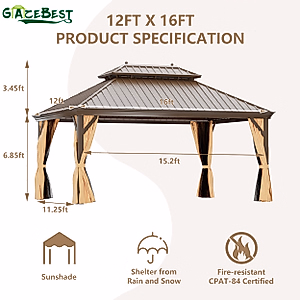 GAZEBEST 12' X 16' Hardtop Gazebo, Outdoor Galvanized Steel Double Roof Permanent Aluminum Frame Pavilion Pergola Canopy with Privacy Curtains for Garden, Patio, Backyard, Deck and Lawns.