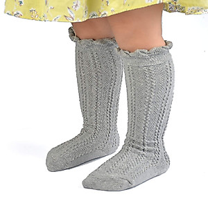 EPEIUS 5 Pairs Little Girls Cotton Uniform Knee High Socks Kids Boys Tube Ruffled Stockings for 6-8 Years,White/Grey/Navy/Yellow/Wine Red