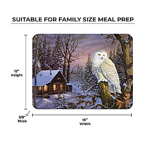 Rivers Edge Products Large 12in x 16in Decorative Tempered Glass Cutting Board, Hypoallergenic, Non Slip, Textured Surface Chopping Board for Kitchen, Cabin in the Woods with Snowy Owl, White Owl